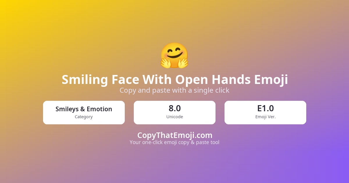 🤗 Smiling Face With Open Hands Emoji (U+1F917) — Meaning & Copy